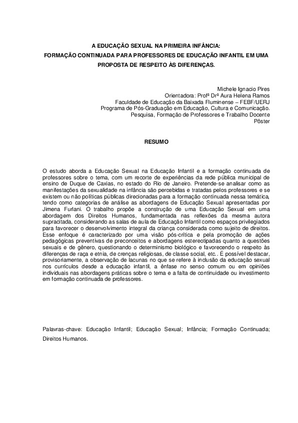 A Educação Sexual Na Primeira Infância Formação Continuada Para 3457