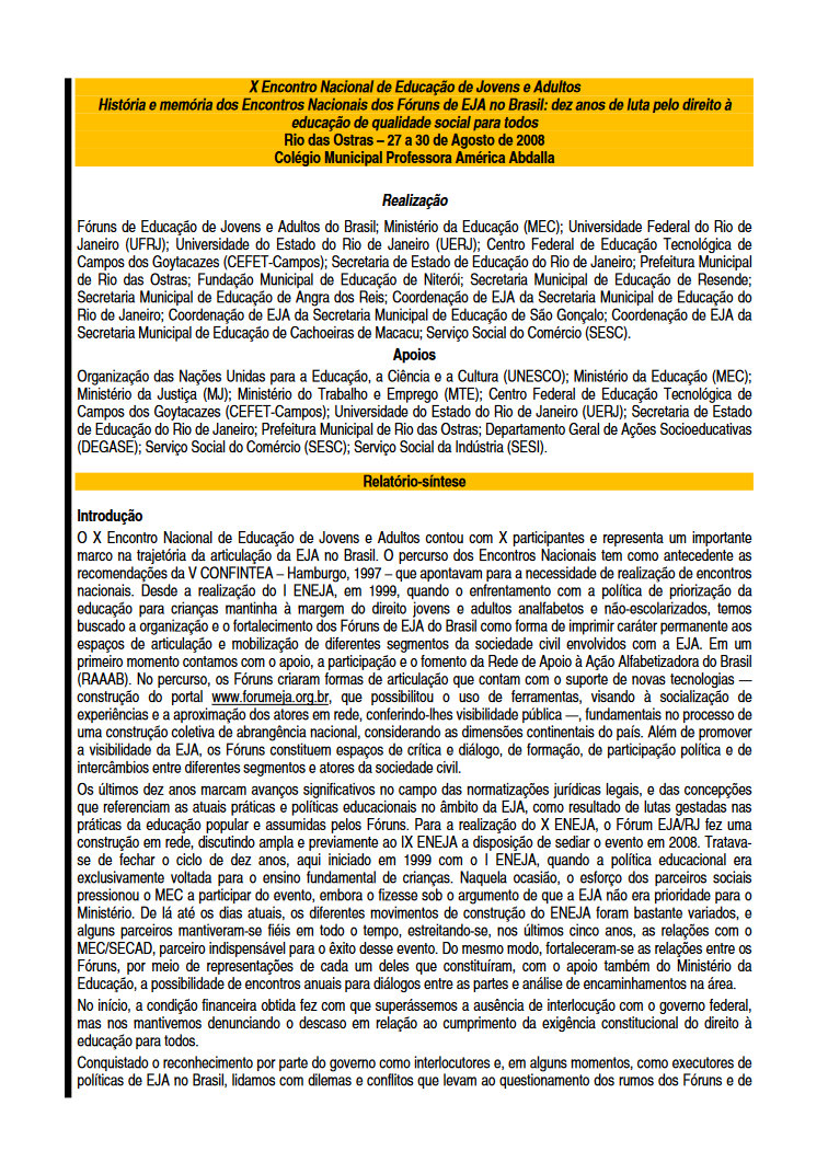 X Encontro Nacional de Educação de Jovens e Adultos (X ENEJA) – Fórum ...